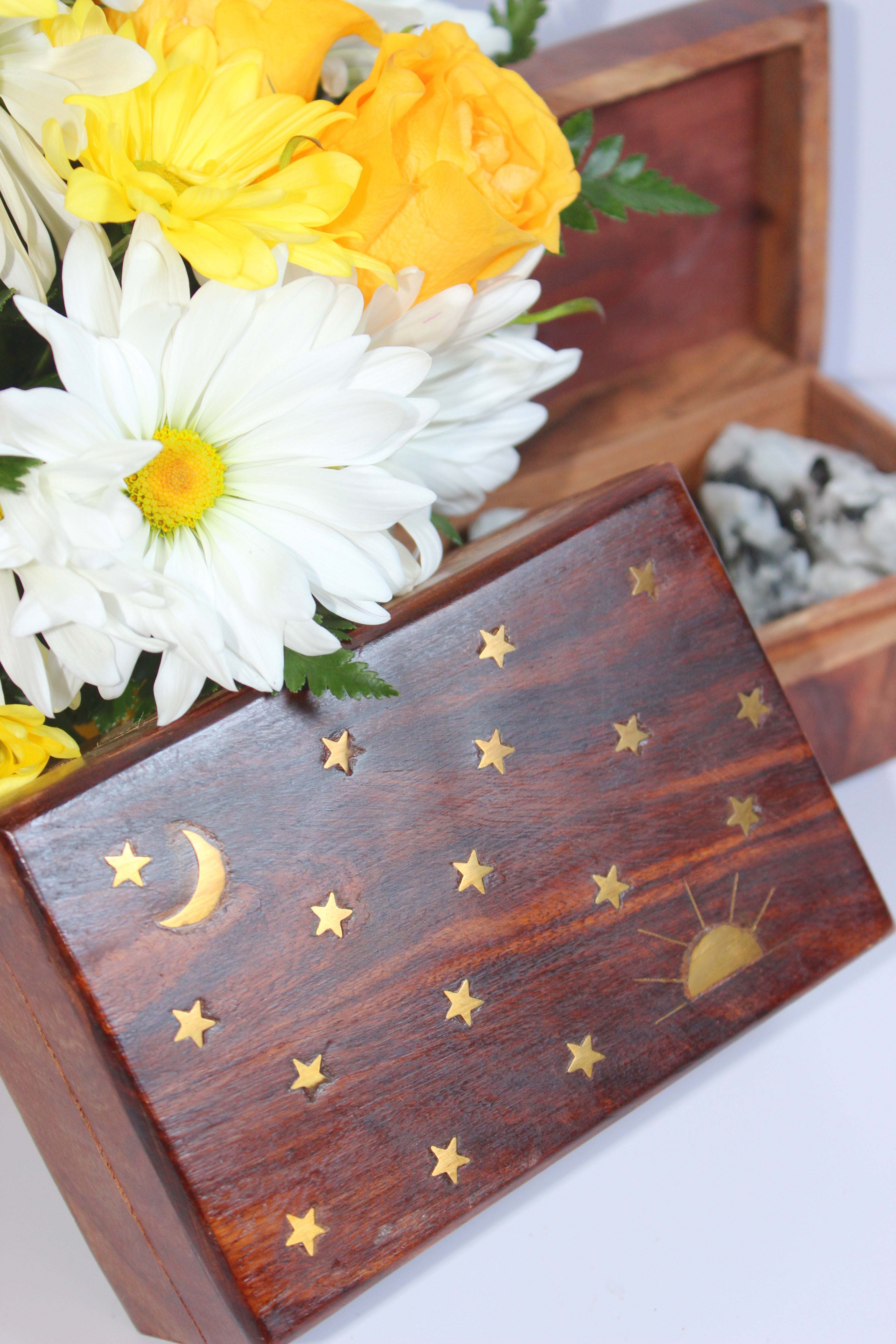 Wooden Celestial Themed Box for Crystal Magic + Storage at Mythical Lotus